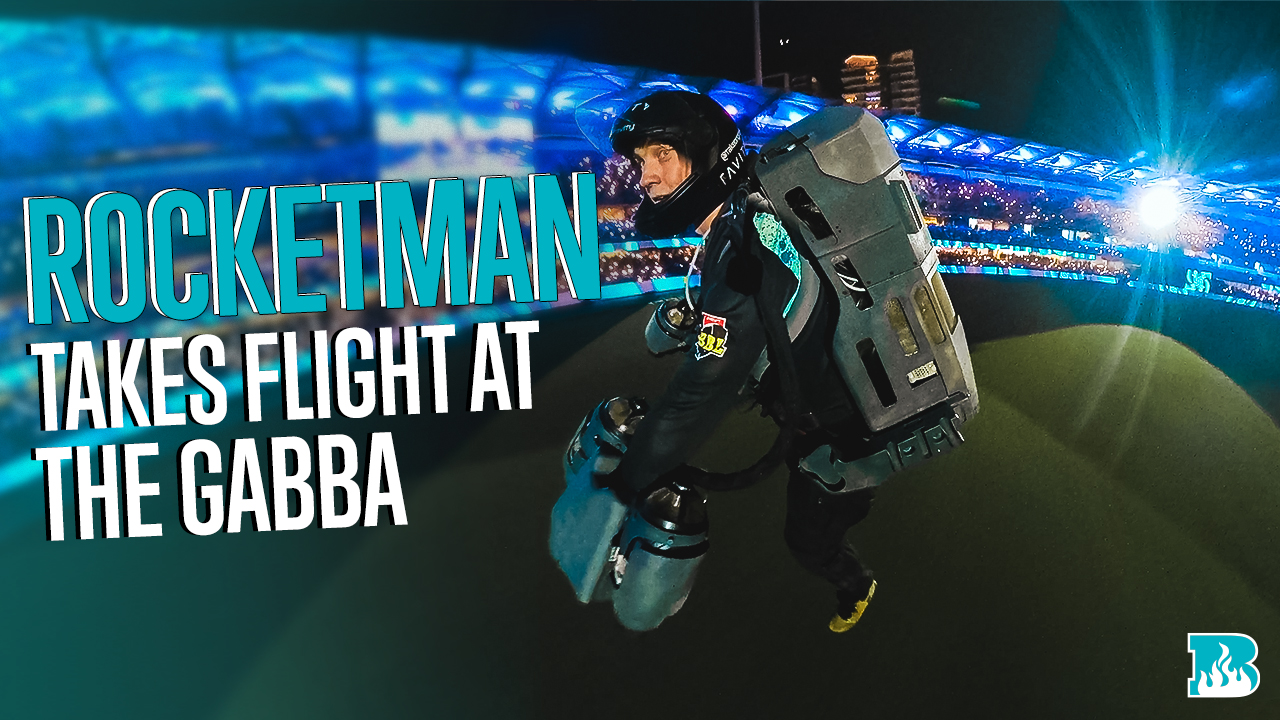 Rocketman flies through the Gabba with his new Jetpack suit! | Brisbane Heat